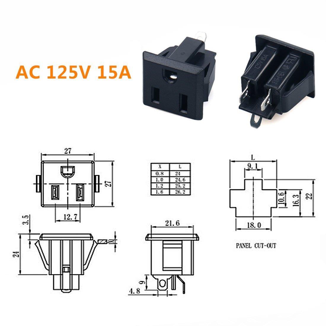 USA 3 Pins Panel Mount Power Socket Plug Black AC 125V 15A - AC Power ...